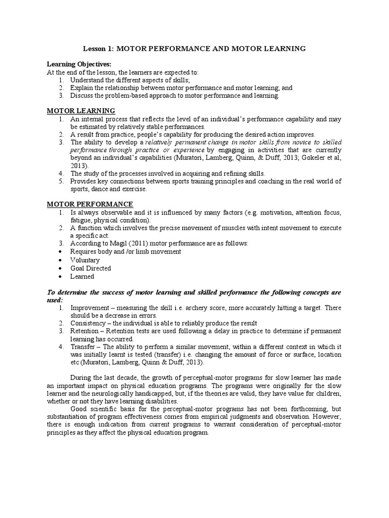 Lesson 1 Motor Learning and Motor Performance | PDF | Learning | Emotions