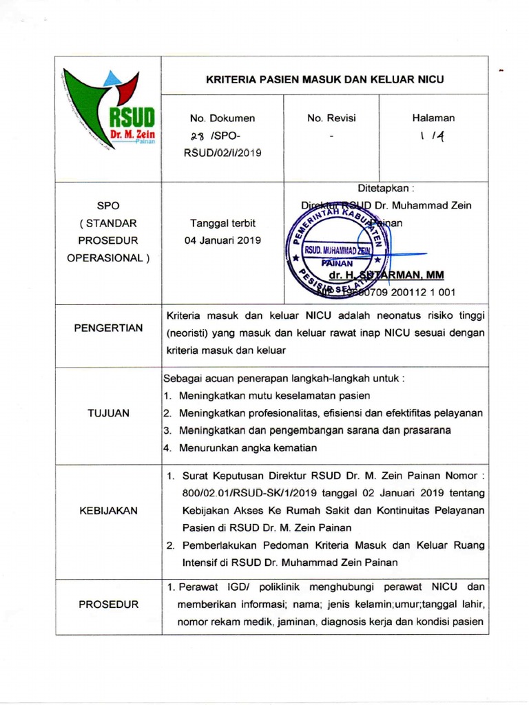 Spo Kriteria Pasien Masuk Dan Keluar Nicu 2019 | PDF
