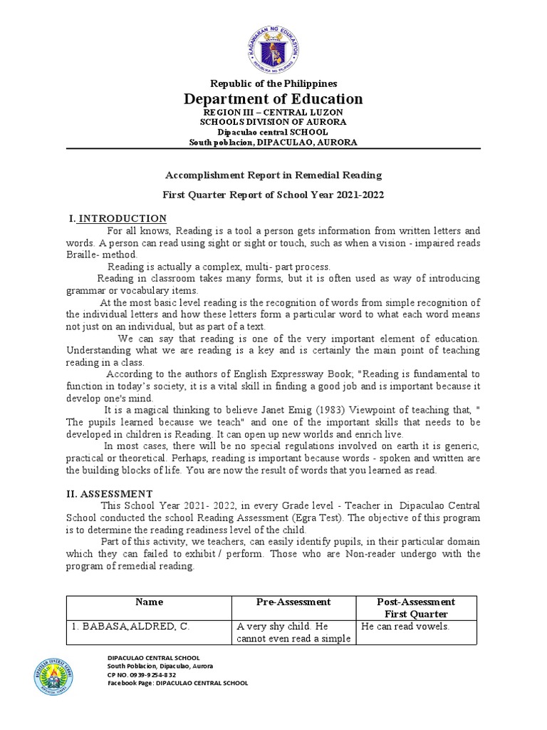 Narrative Report in Reading | PDF | Reading Comprehension | Communication