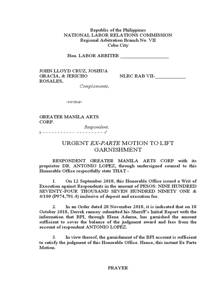 Motion To Lift Garnishment | PDF | Economy Of The Philippines | Philippines