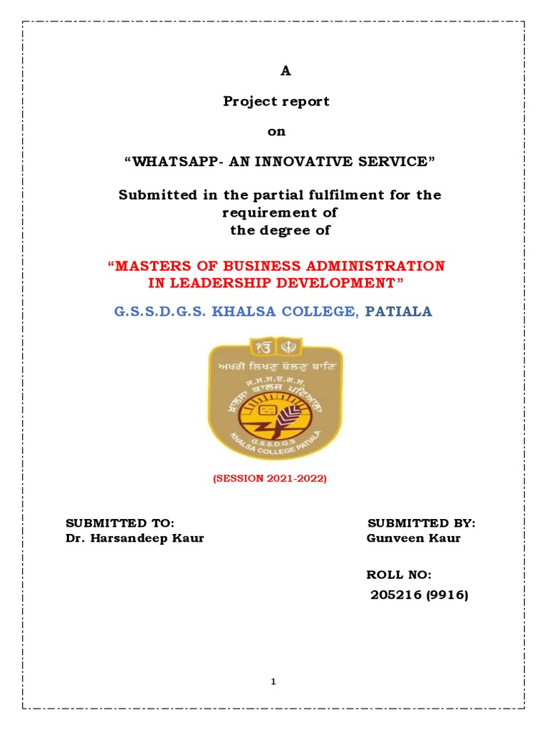 A Project Report On "Whatsapp-An Innovative Service" Submitted in The ...