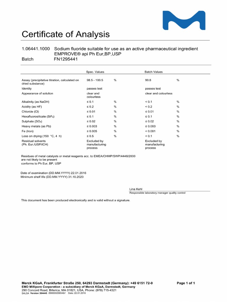 COA Sodium Fluoride 1064411000 | PDF