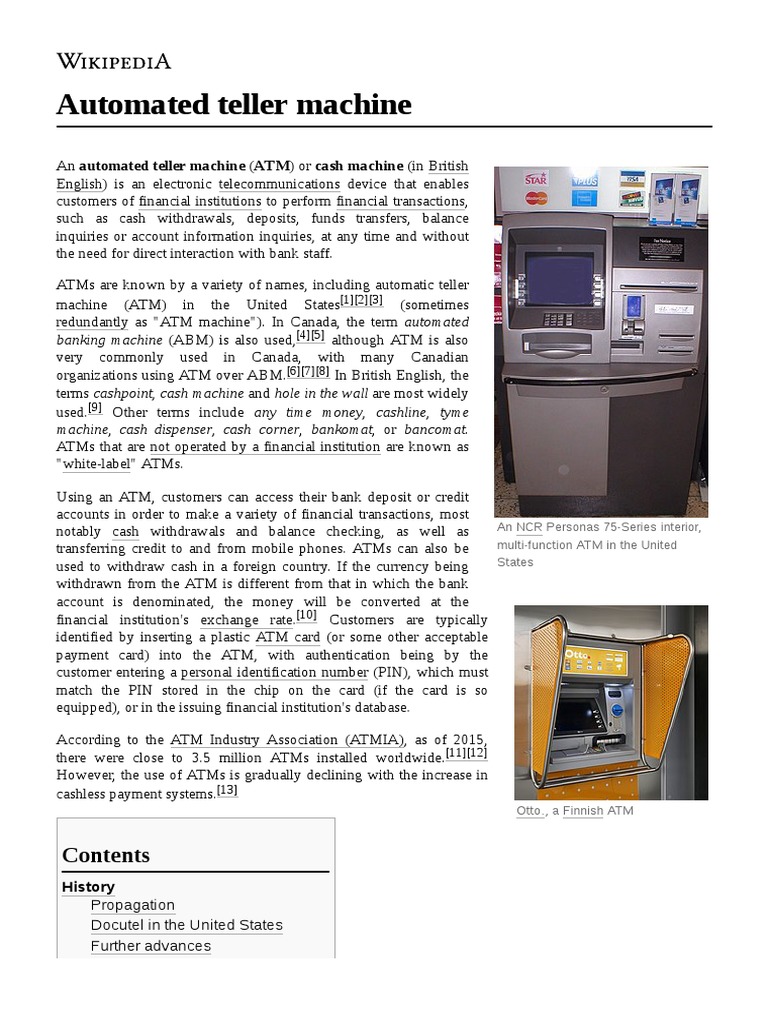 Automated Teller Machine: Banking Machine (ABM) Is Also Used | PDF ...