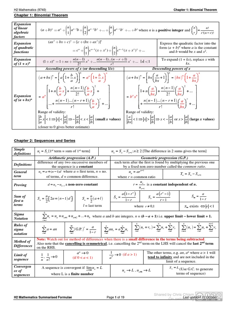 H2 Mathematics Summarised Formula | PDF | Function (Mathematics ...