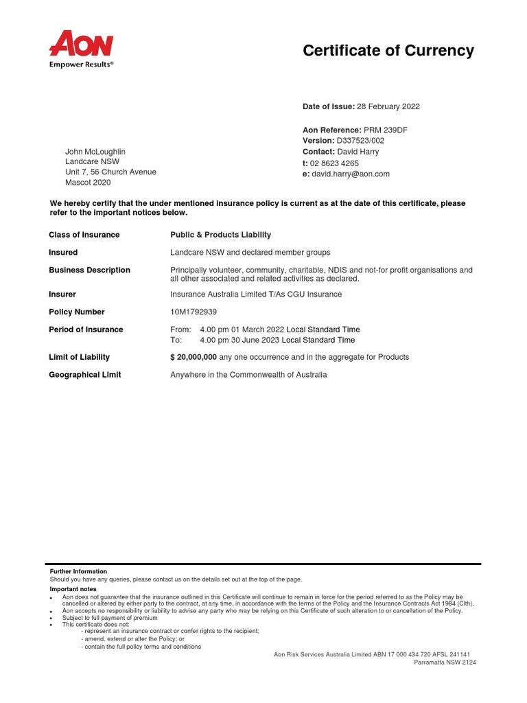 Certificate of Currency Landcare NSW - PL | PDF | Insurance | Insurance ...