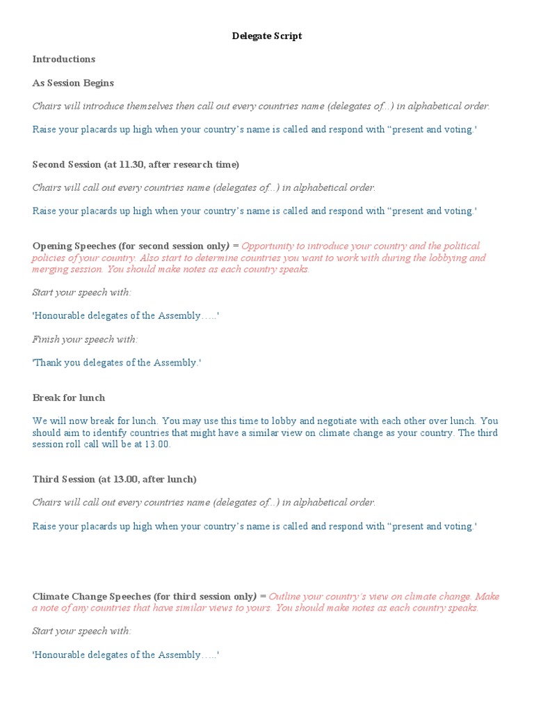 Introductions As Session Begins: Delegate Script | PDF | United Nations ...