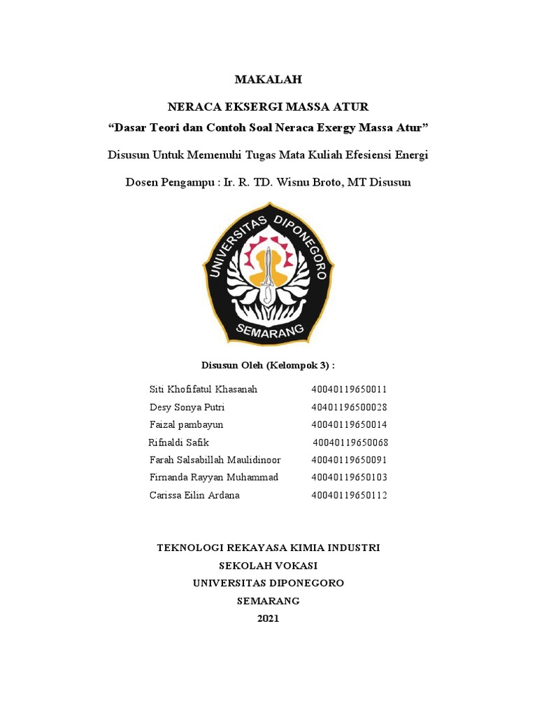 Neraca Eksergi Massa Atur: Teori dan Contoh | PDF