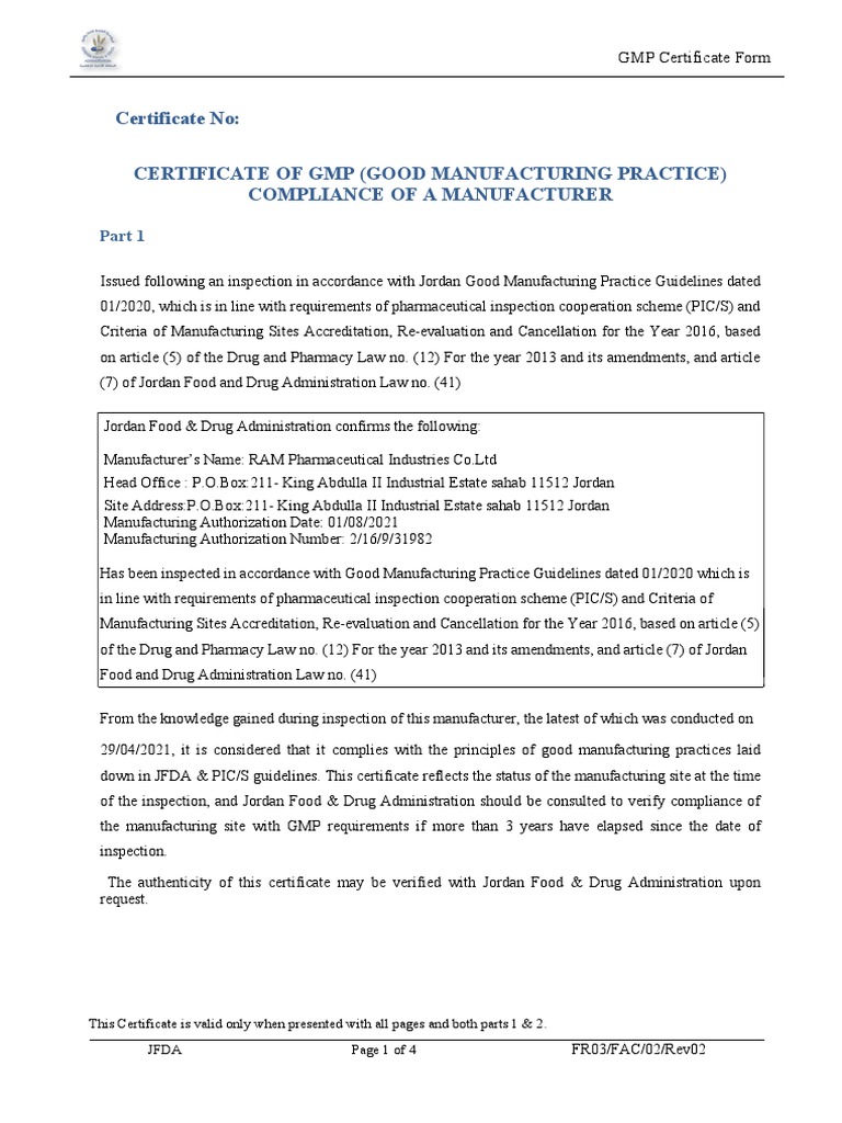 Certificate No: Certificate of GMP (Good Manufacturing Practice ...