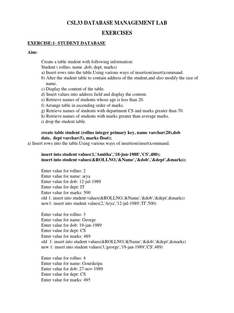 Csl33 Database Management Lab-Exercises (SQL) | PDF | Table (Database) | Computing