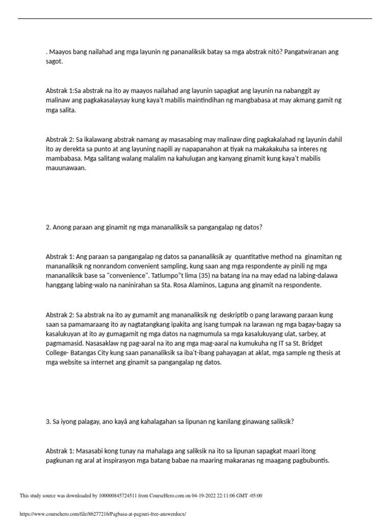 Pagbasa at Pagsuri Free Answer | PDF