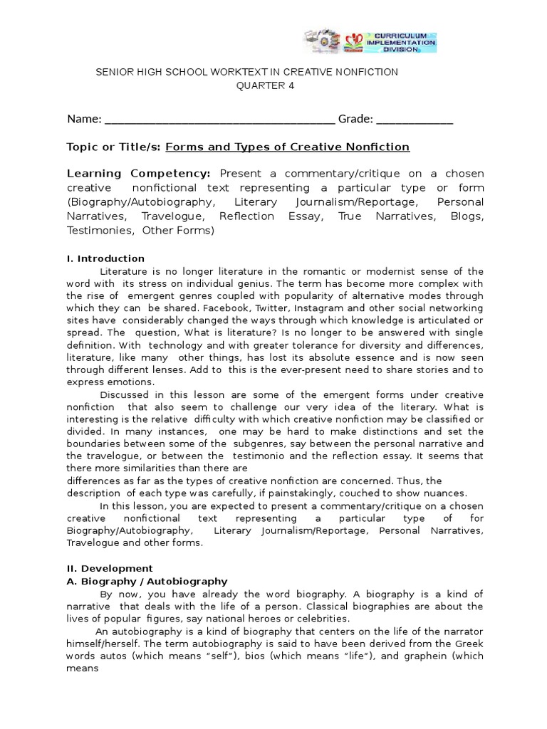 Creative Non Fiction Worktext Q4 Week1 2 | PDF