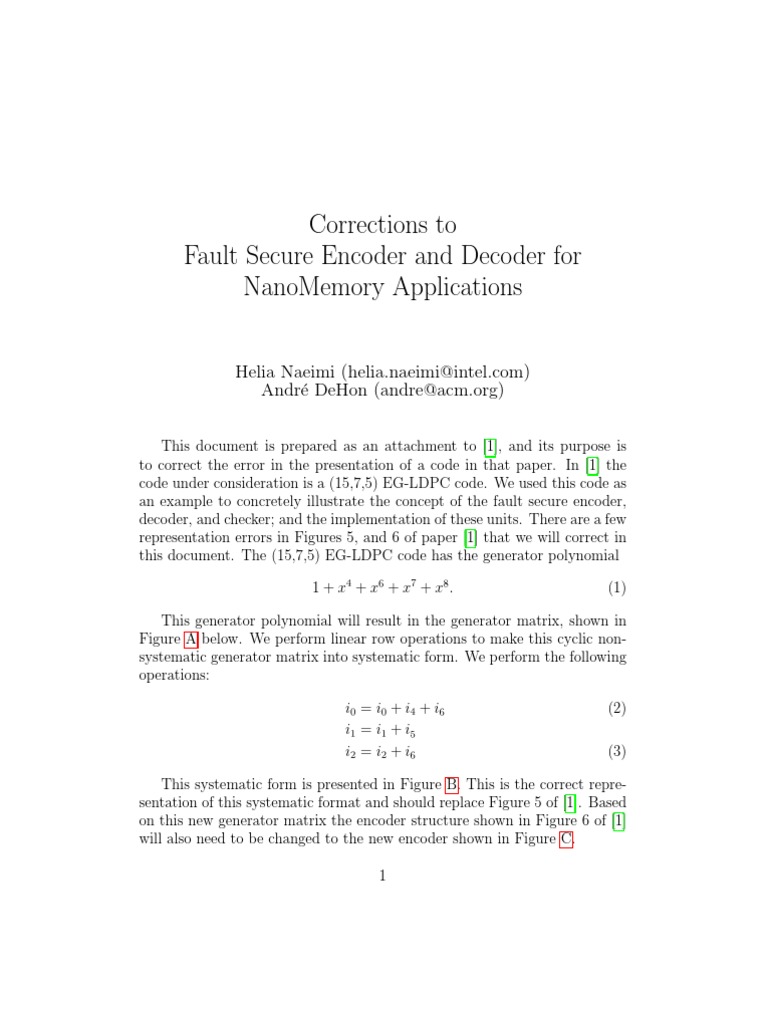 Corrections To Fault Secure Encoder and Decoder For Nanomemory Applications | Download Free PDF ...