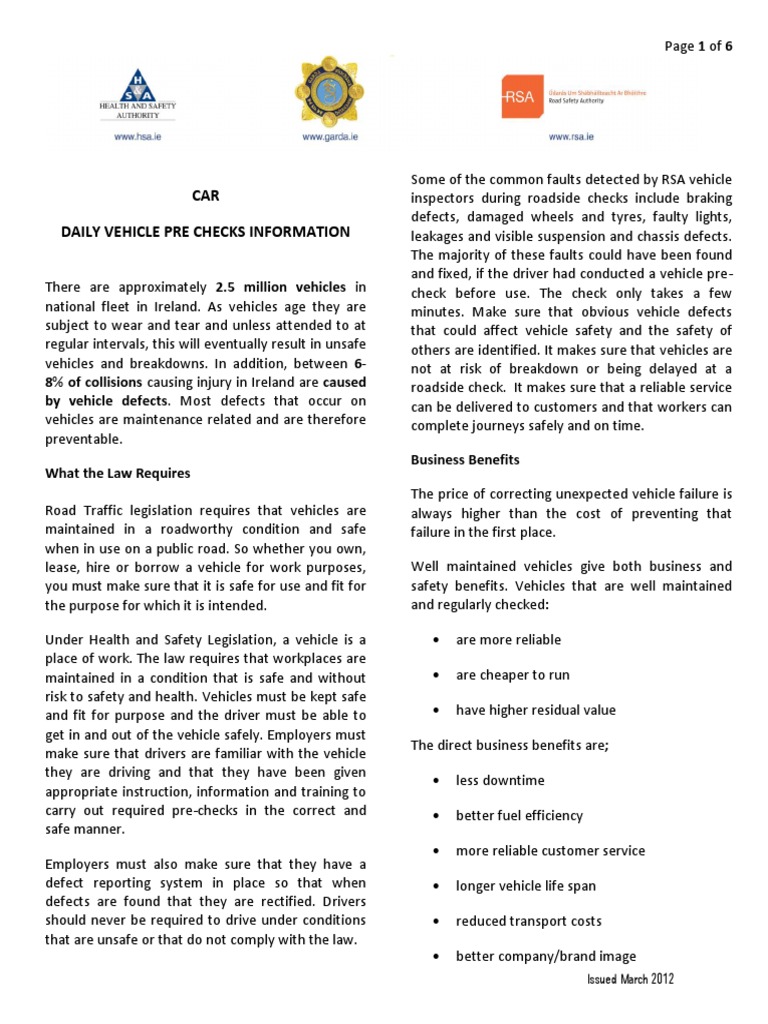 Daily Vehicle Pre-Checks Guide | PDF | Safety | Vehicles