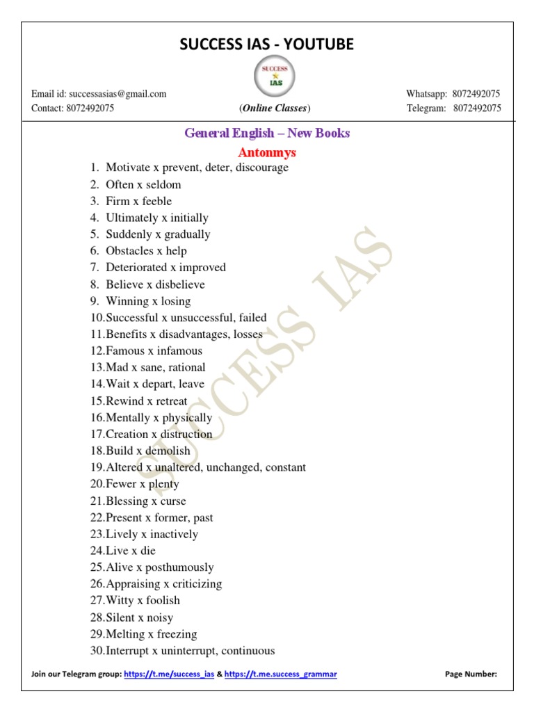 10th Grade English Antonyms Guide | PDF