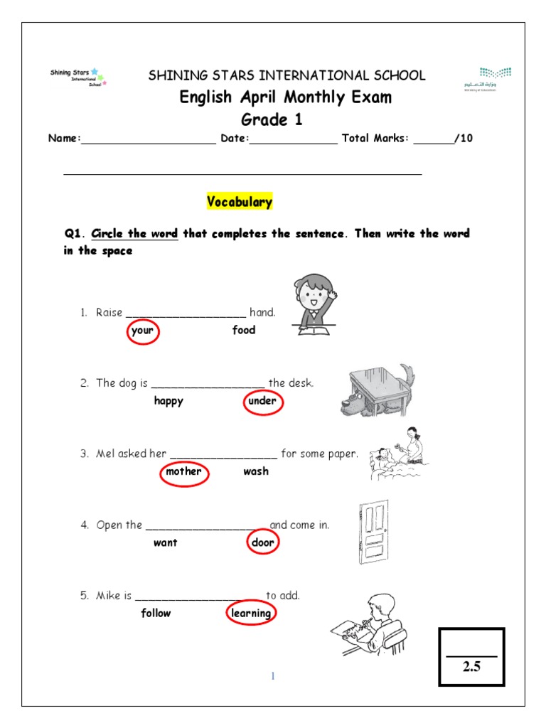 English April Monthly Exam Grade 1: Shining Stars International School ...