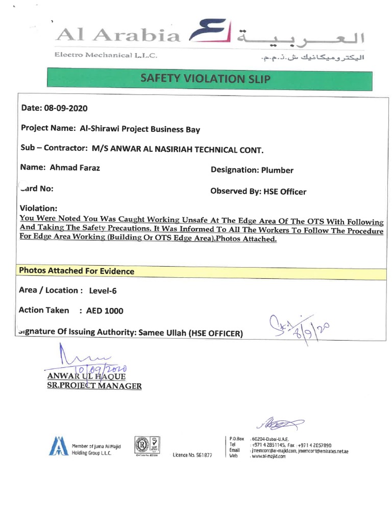Safety Violation Slip Dated 08.09.2020 | PDF