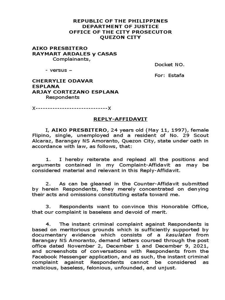 Reply Affidavit for Estafa Case | PDF | Prosecutor | Affidavit