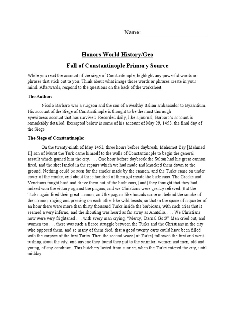 Fall of Constantinople Primary Source | Download Free PDF | Byzantine ...