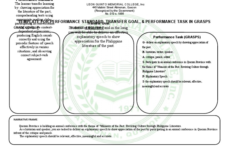 Template For Performance Standard, Transfer Goal, & Performance Task in ...