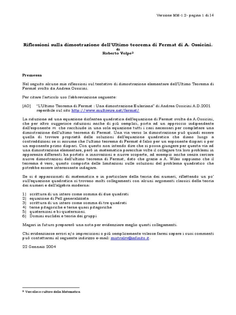 Ultimo Teorema Di Fermat | PDF