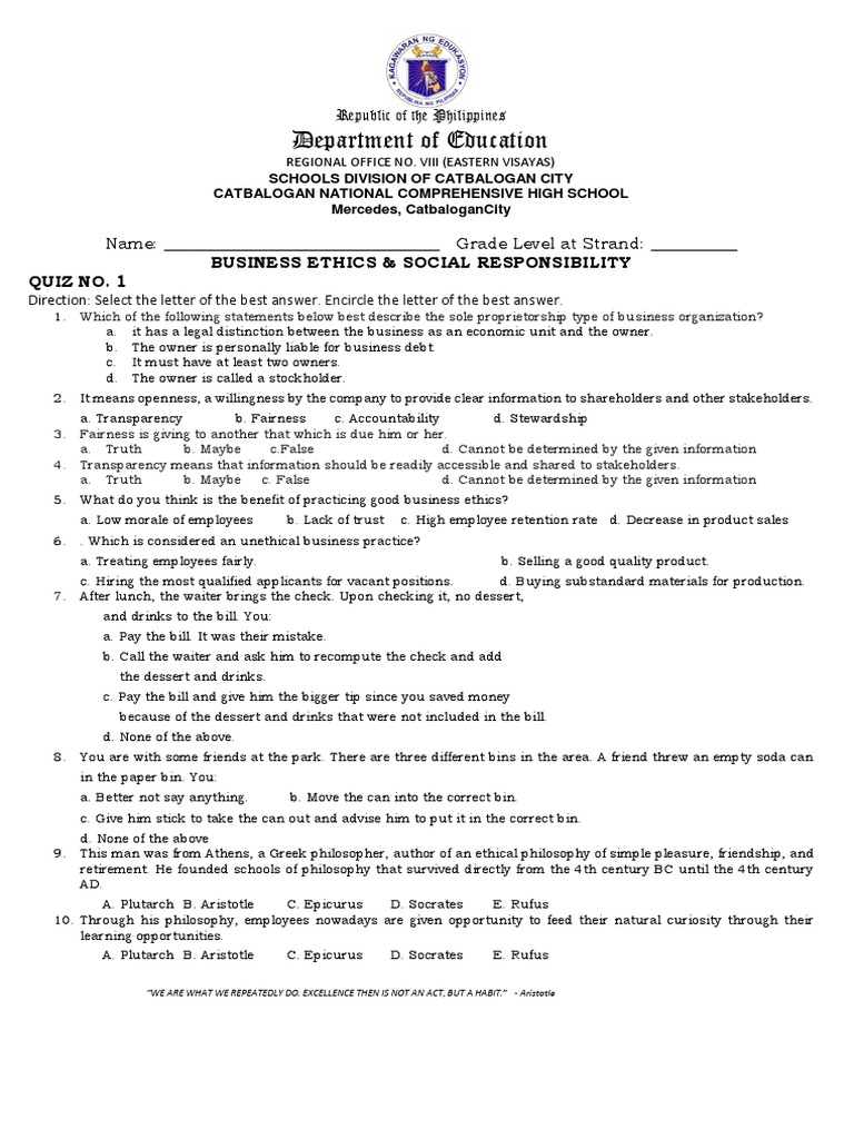 Quiz - Business Ethics | PDF | Business Ethics | Employment