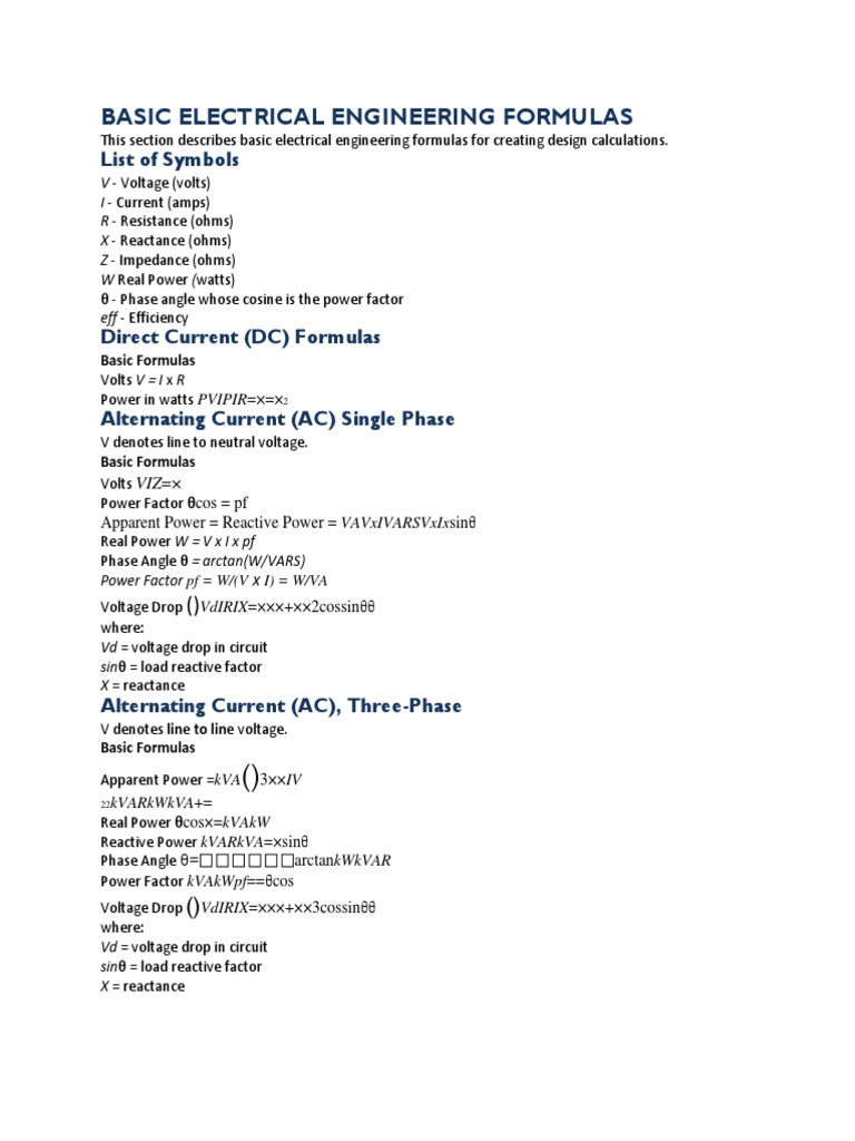 Essential Electrical Engineering Formulas | PDF