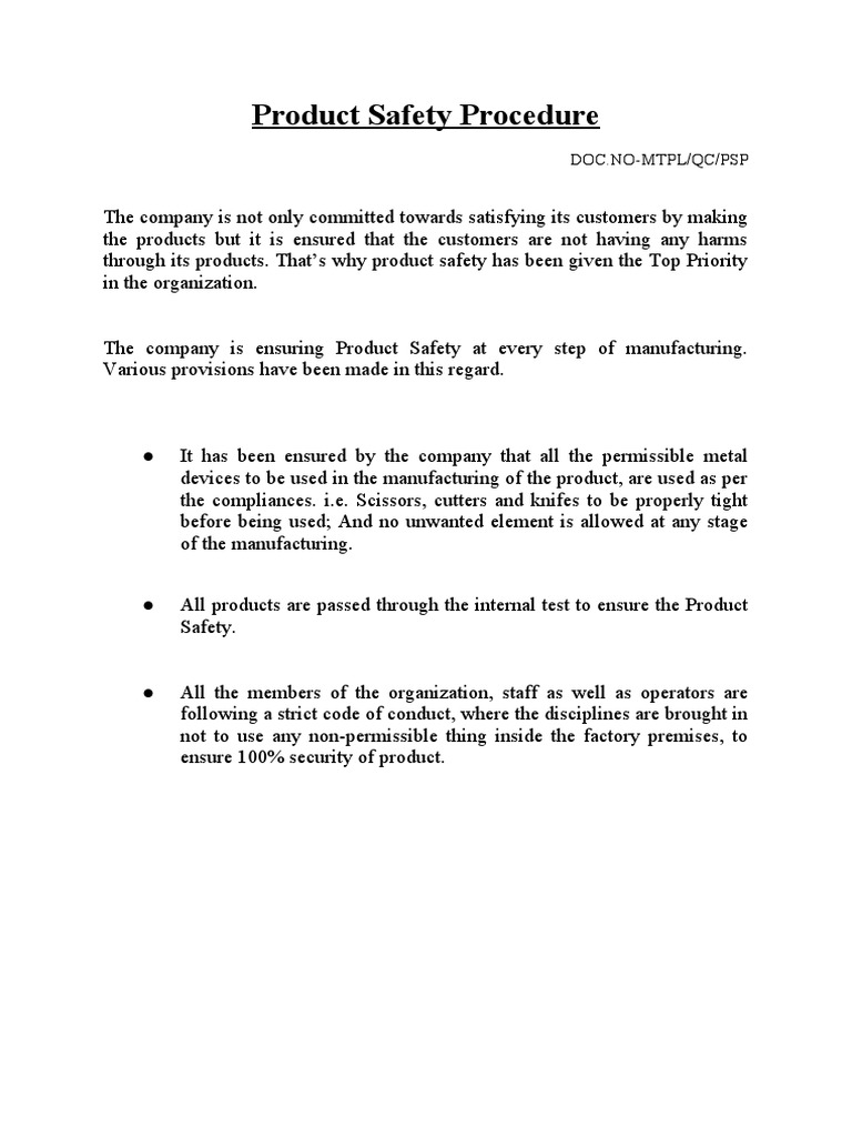 Product Safety Procedure | PDF