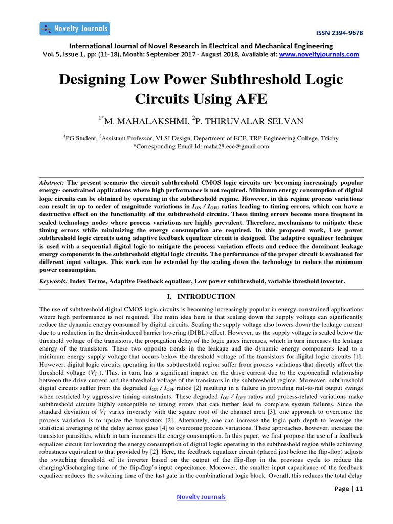 Designing Low Power Subthreshold Logic Circuits Using AFE | PDF | Logic Gate | Electronic Circuits