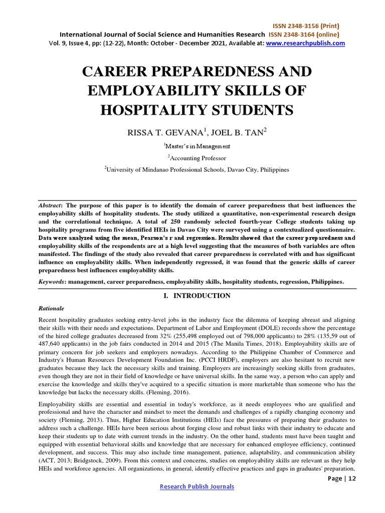 Hospitality Students' Career Skills Analysis | PDF | P Value | Cognition