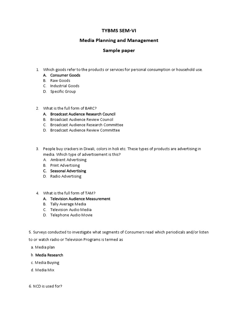 Tybms Sem-Vi Media Planning and Management Sample Paper | PDF | Mass Media | Audience Measurement