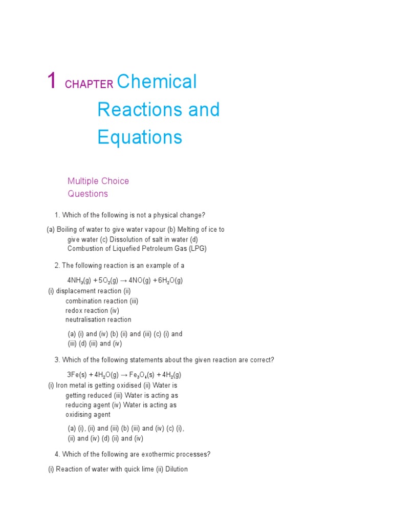 Chemical Reactions and Equations: Multiple Choice Questions | PDF ...