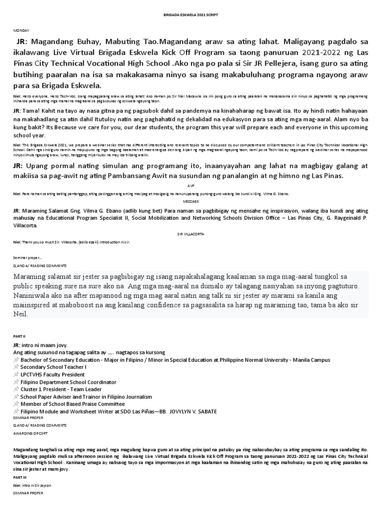Brigada Eskwela 2021 Script | PDF