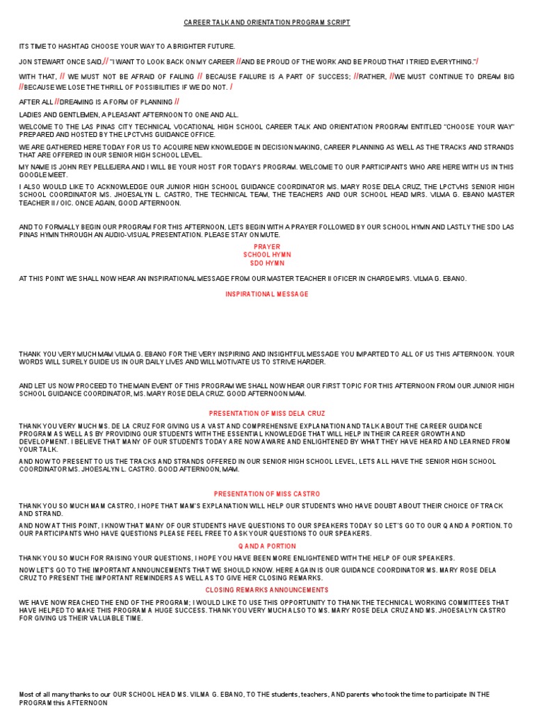 Career Talk and Orientation Program Script: Prayer School Hymn Sdo Hymn ...