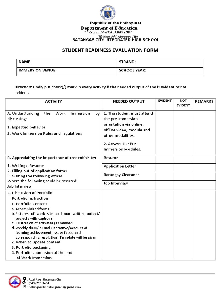 Work Immersion Readiness Evaluation Form | PDF | Applied Psychology ...