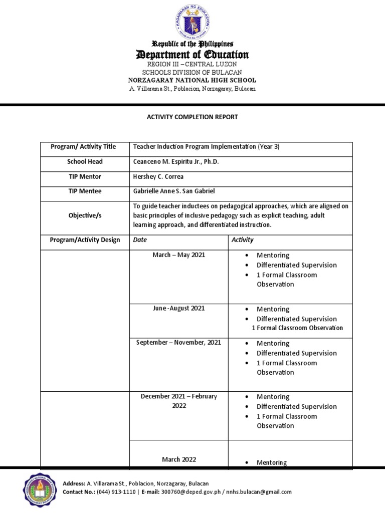 Department of Education: Activity Completion Report | PDF | Mentorship ...