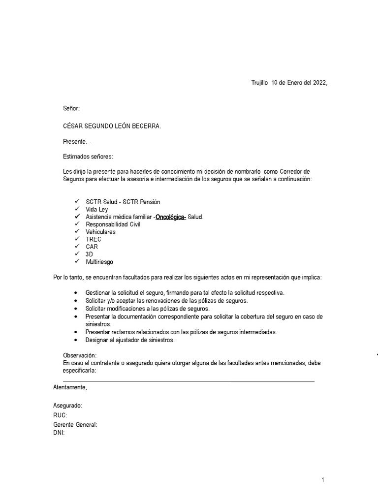 Modelo de Carta de Nombramiento SBS | PDF | Póliza de seguros | Seguro