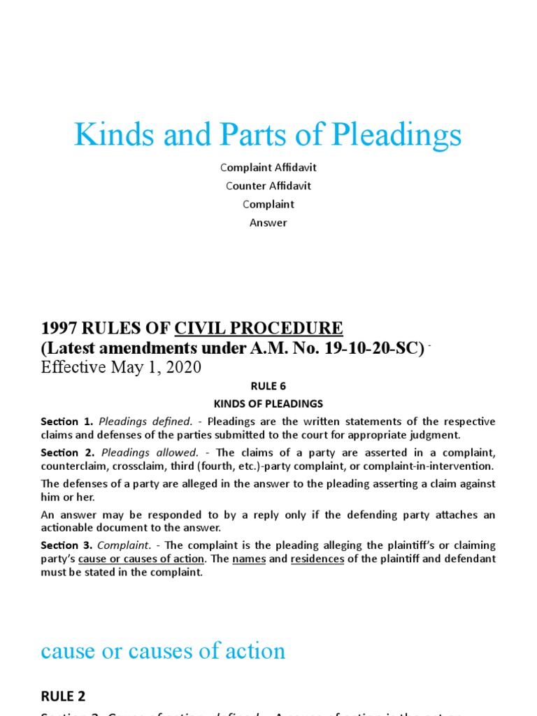 Kinds and Parts of Pleadings: Complaint Affidavit Counter Affidavit ...