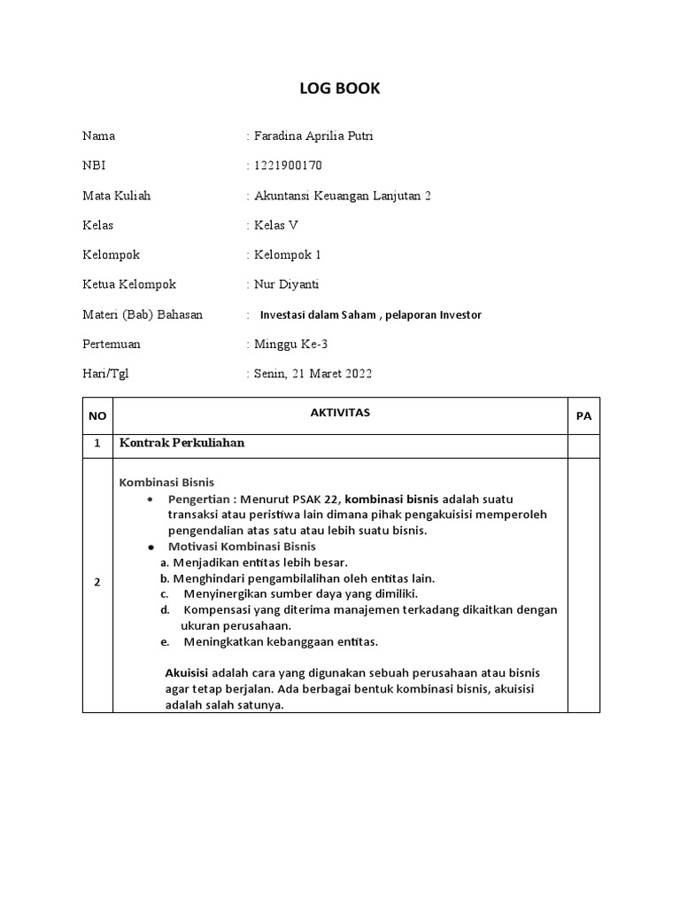 LOG BOOK - Faradina Aprilia Putri - AKL2 - Kelas V | PDF | Bisnis | Pengelolaan Keuangan & Uang