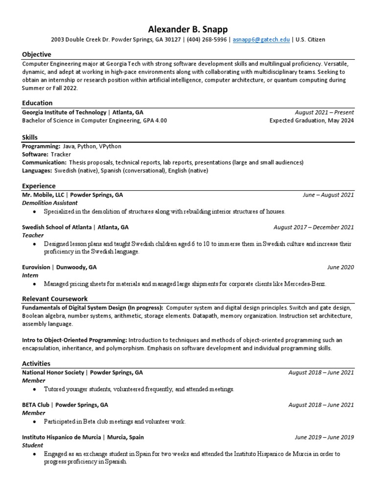 Georgia Tech Computer Engineering Resume | PDF | Python (Programming ...