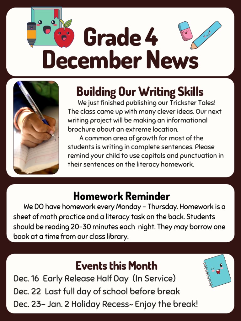 Grade 4 December News: Building Our Writing Skills | PDF