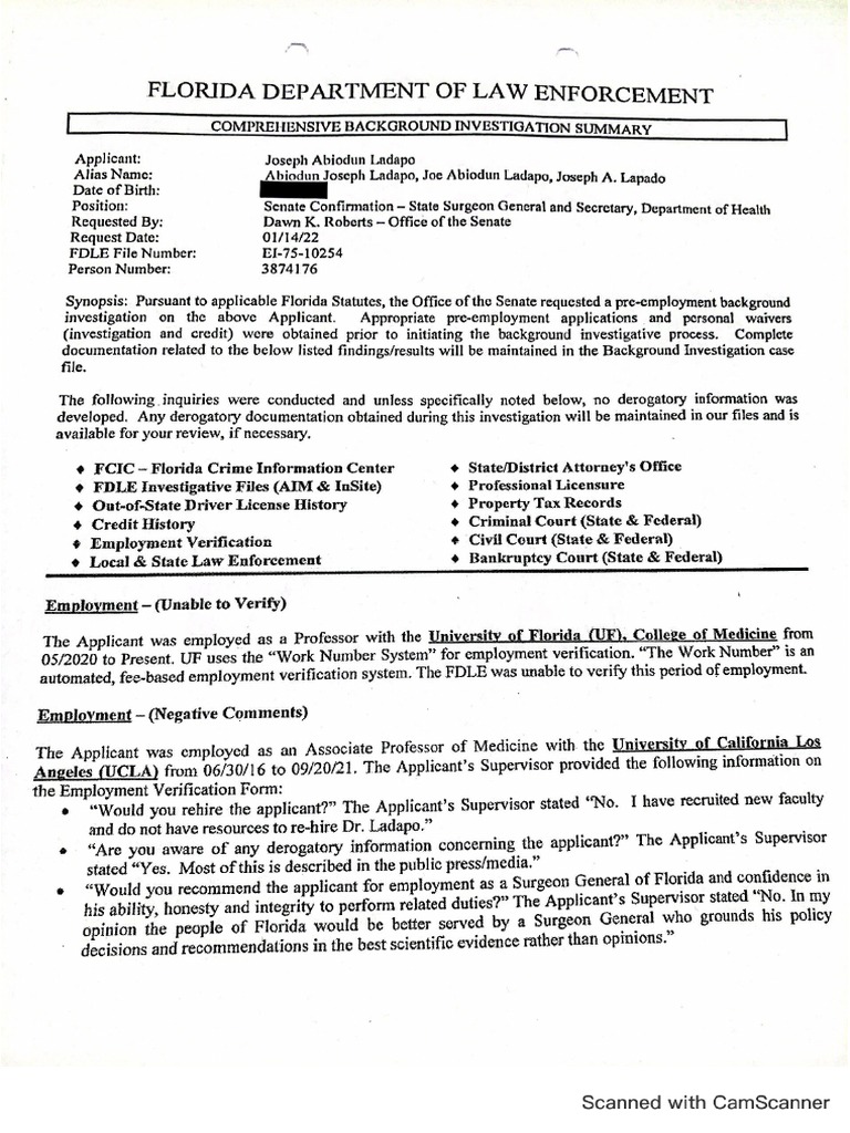 FDLE Ladapo Background Check | PDF