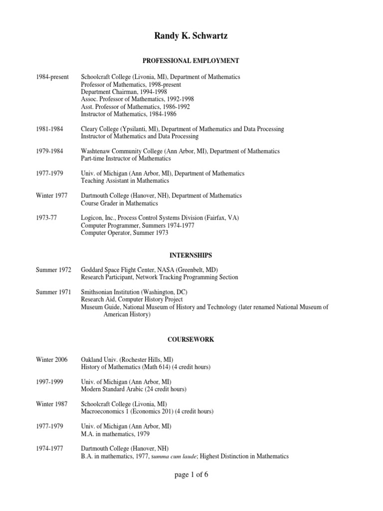 CV Randy Schwartz | PDF | Mathematics | Calculus