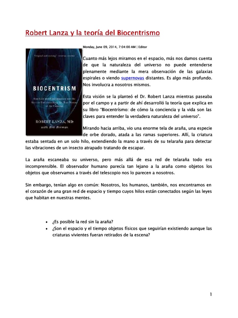 Teoría del Biocentrismo de Robert Lanza | PDF | Universo | Hora