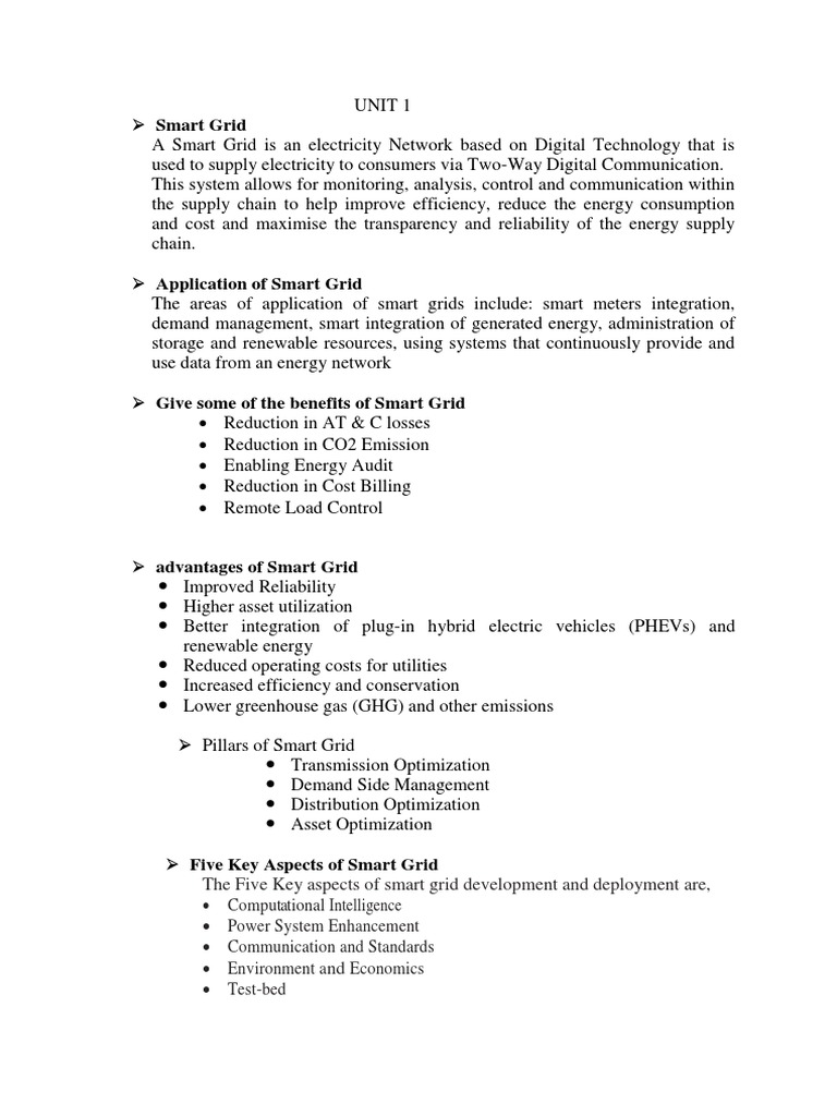 Lecture Notes Unit 1 Smart Grid | PDF | Smart Grid | Electrical Grid