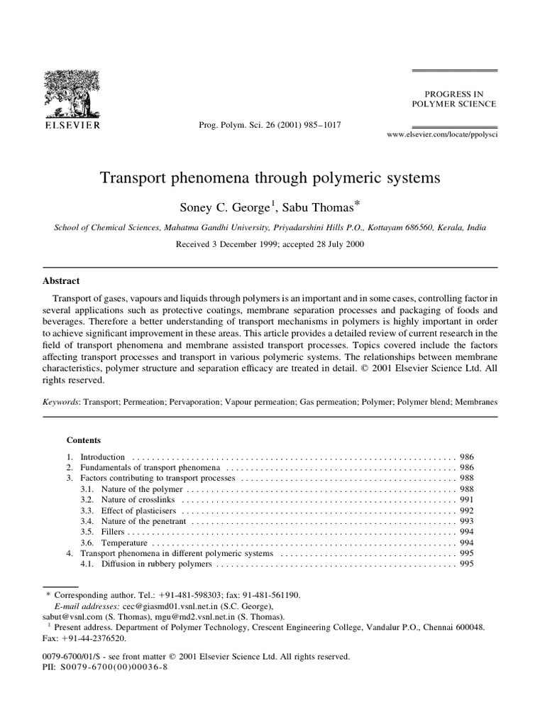 Thomas - Transport Phenomena Through Polymeric Systems, 2001 | PDF | Polymers | Diffusion