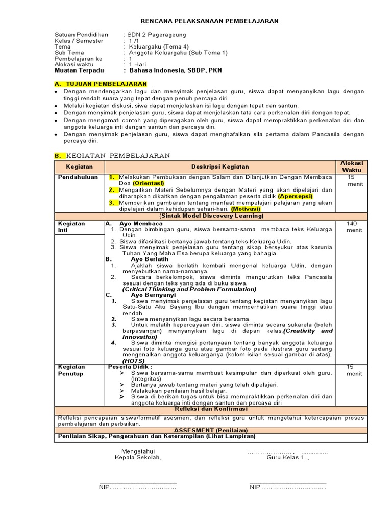 RPP TEMATIK KELAS 1 Anggota Keluargaku | PDF