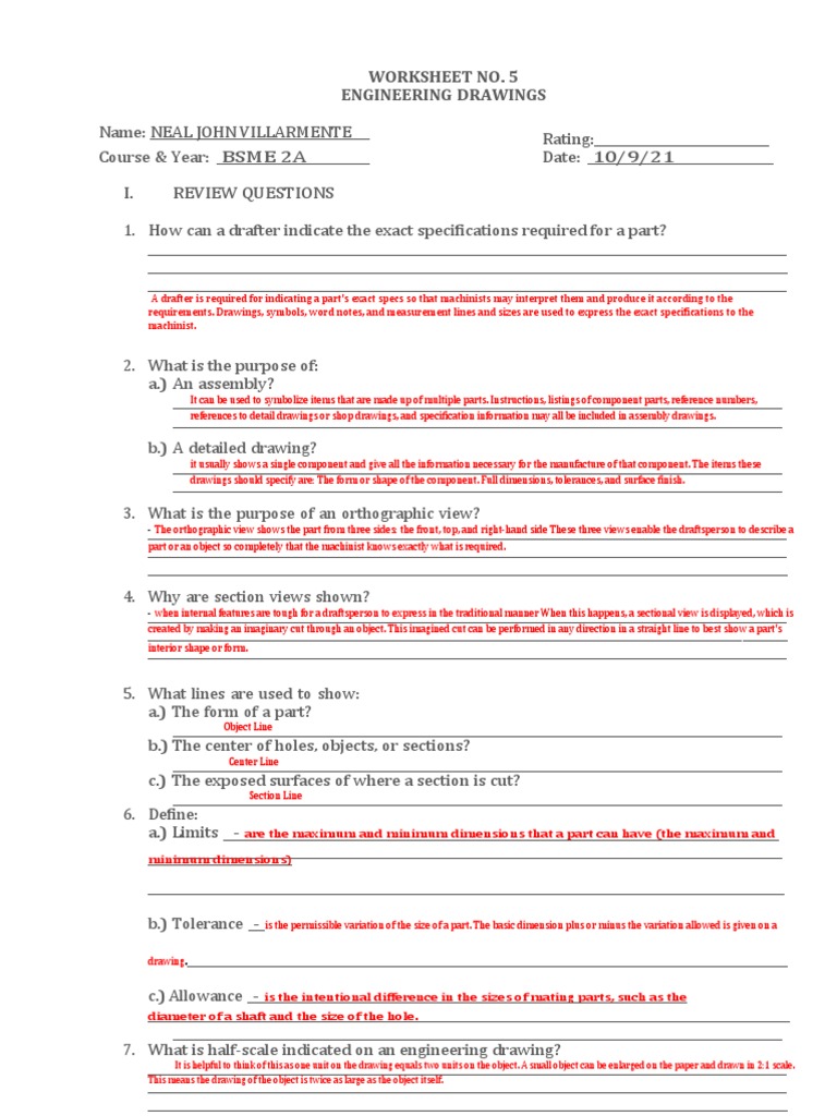 Worksheet No. 5 Engineering Drawings | PDF
