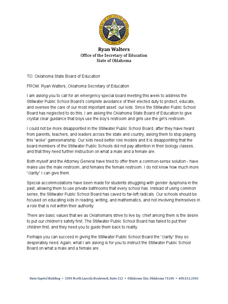 Ryan Walters Letter | PDF