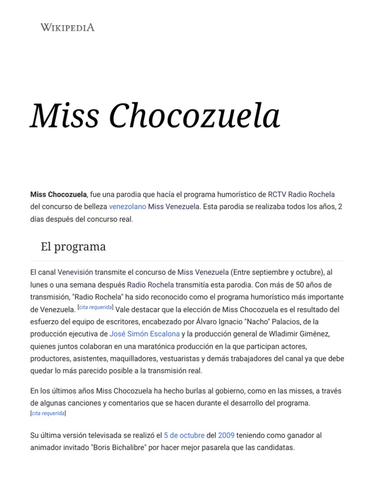 Miss Chocozuela - Wikipedia, La Enciclopedia Libre | PDF | Venezuela