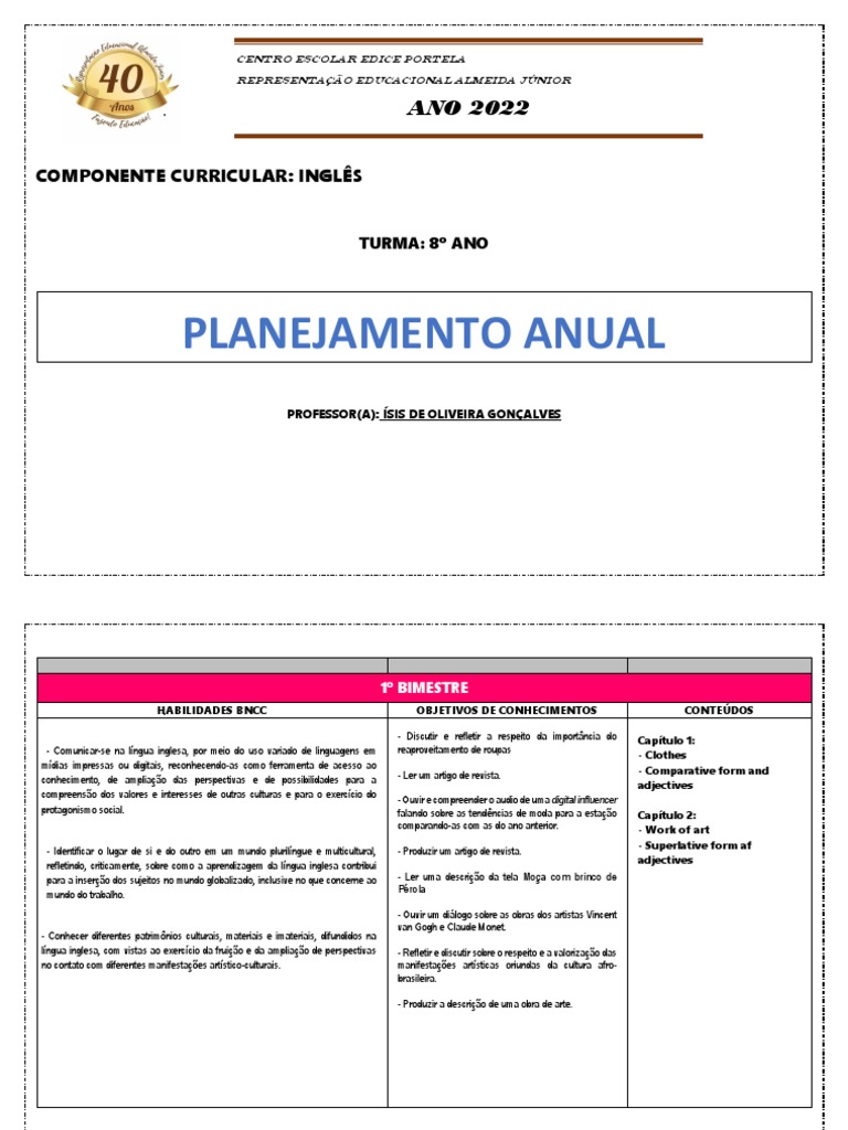 Planejamento anual de Inglês do 8o ano do Centro Escolar Edice Portela ...